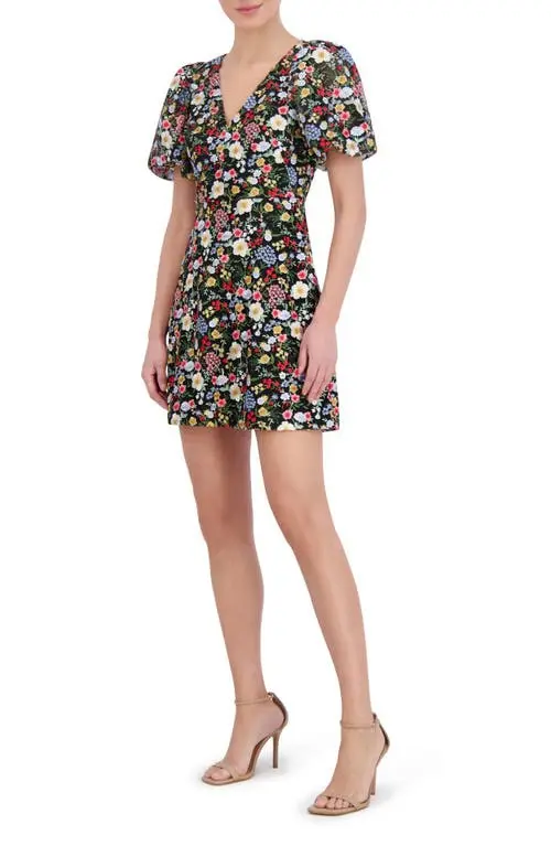 Eliza J Floral Puff Sleeve Minidress In Black Multi - 35% Off